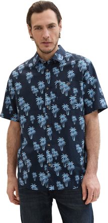 Tom Tailor Herren Regular Fit Leinen Hemd mit Brusttasche & Muster, 35062 - Navy Multi Palm Design, XL