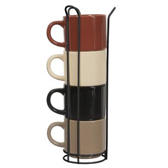 The Home Deco Factory KA0500, Plain Mug Set of 4 with Holder, Durable Ceramic, Elegant and Practical Design, Ideal for Coffee and Tea, Neutral Colors, Standard Size, Beige,