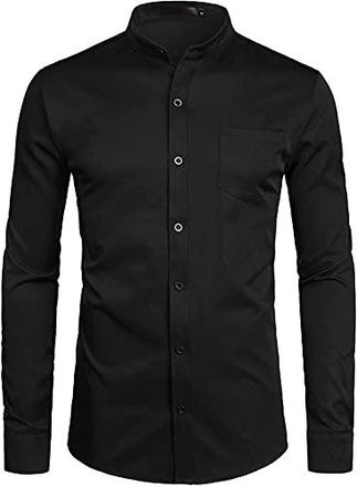 PARKLEES Chemise &eacute;l&eacute;gante &agrave; col grand-p&egrave;re pour homme, coupe ajust&eacute;e, manches longues, boutonn&eacute;e, avec poche, Noir, L