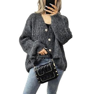 Generic Veste tricot&eacute;e ample avec boutons pour femme - Cardigan dhiver pour garder au chaud - Mode d&eacute;contract&eacute;e, gris fonc&eacute;, Taille XS