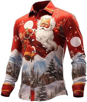 Generic Chemise de Noël pour homme - T-shirt décontracté à manches longues à imprimé père Noël, t-shirt floral, coupe droite, chemisier boutonné à revers drôl