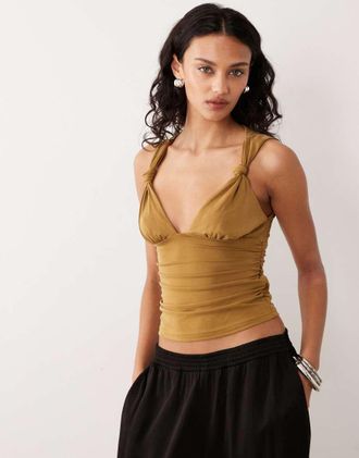 Motel Priska - Cupro-Oberteil in Chartreuse-Gelb mit Zierknoten-Brown