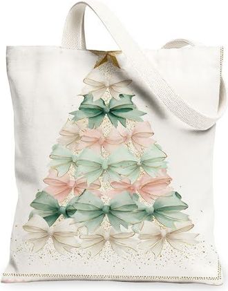 Generic Sacs fourre-tout en toile avec noeuds de No&euml;l, motif ruban festif, sacs d&eacute;picerie r&eacute;utilisables, l&eacute;gers et lavables avec bandouli&egrave;re F, blanc, 13x15 I