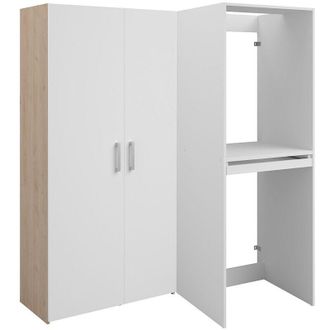 Vente-Unique Meuble pour machine &agrave; laver et s&egrave;che-linge avec colonne double porte - Naturel clair et blanc - L156 x H184 cm - ERKANO