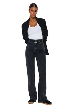 Trendyol Damen Gerade Weites Bein Hohe Taille Jeans, Anthrazit, 40