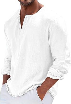 Generic Henley Chemise &agrave; manches longues en lin pour homme Polo &agrave; manches longues T-shirt d&eacute;t&eacute; boutonn&eacute; T-shirt de plage l&eacute;ger Ourlet ray&eacute; Manches longues Res