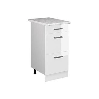 Vicco Meuble Cuisine R-Line, Blanc Haute Brillance/Blanc, 40 cm avec tiroirs, PT Marbre