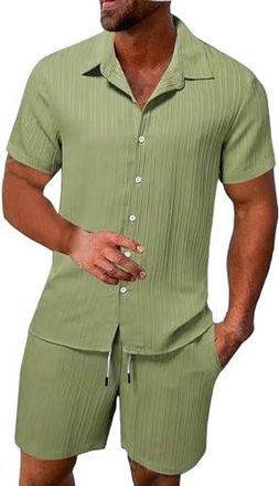 Generic Ensemble short et t-shirt d&eacute;t&eacute; pour homme - Chemise boutonn&eacute;e et short &agrave; cordon de serrage - Lignes vein&eacute;es - L&eacute;ger - 2 pi&egrave;ces - T-shirt et pantalon a