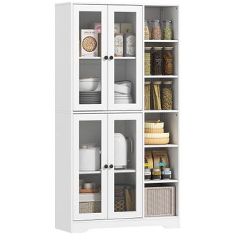 HOMCOM Küchenschrank Buffetschrank mit 4 Soft-Close-Glastüren, 6 offenen Fächern, Moderner Hochschrank mit Verstellbaren Einlegeböden, Vorratsschrank, 90 x 3