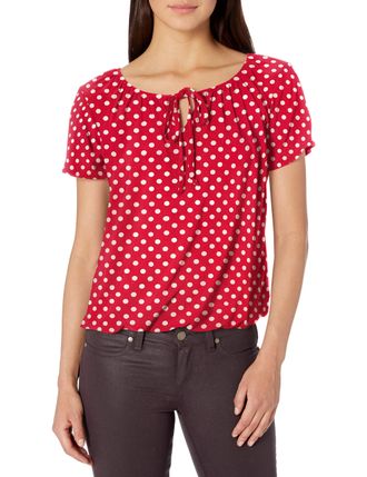 Star Vixen Damen Kurz/Schlitz Ärmel Schlüsselloch-Krawatte Bauer Top Bubble Hem Hemd, Rot/Weiß Punkt, Mittel