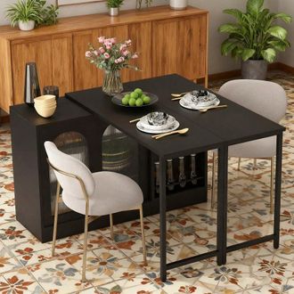 Generic Drehbarer Küche, Ausziehbarer, Küchenbar mit Stauraum, Weiße Home Bar Möbel, 360° Drehtisch Sideboard, mit Glasschrank, Reversibler Küchentisch (Black