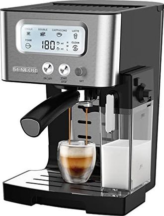 Sencor Espressomaschine mit Aufschäumer und Milchbehälter, LCD-Display, italienische Pumpe 15 bar, schnelles Aufheizen, Thermoblock, Barista Express, Kaffeep