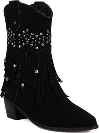 Generic Bottines western cowgirl pour femme avec pampilles clout&eacute;es d&eacute;coratives, larges mollets dhiver, chaussures habill&eacute;es r&eacute;tro pour lhiver, Noir, 39.5 EU