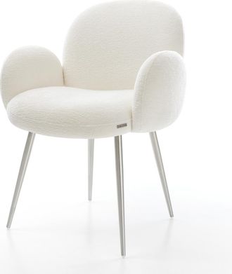 DELIFE Esszimmerstuhl Nube-Flex mit Armlehnen Boucl&eacute; Soft Beige 4-Fu&szlig; konisch Edelstahl Taschenfederkern, Esszimmerst&uuml;hle