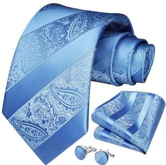Hisdern Cravate Ray&eacute;e Homme Paisley Bleu Cravate Mouchoir Bouton De Manchette Ensemble,Bleu,Taille unique