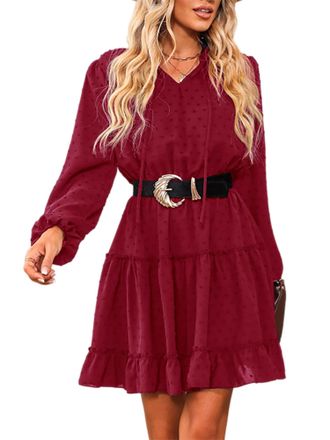 Cupshe Damen Kleid V Ausschnitt Langarm Volants Chiffon A Linie Kurzes Kleid Freizeitkleider Party Tunika Mini Dress Rot XL