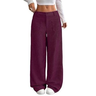 Generic Pantalon ample en velours c&ocirc;tel&eacute; de couleur unie avec 4 poches, pantalon ample en velours c&ocirc;tel&eacute; pour femme, bordeaux, XL