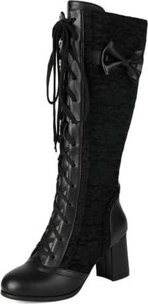 Generic Bottes déquitation élégantes à lacets avec noeud patchwork et bout rond pour femme, Noir, 37.5 EU