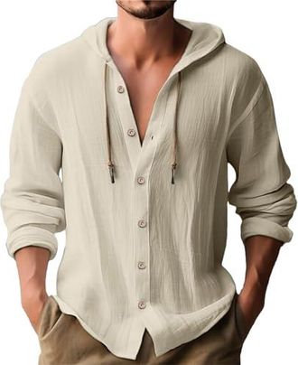 Generic Chemise Lin Homme Manches Longues Chemise Décontractée Coton Chemises Hommes Couleur Unie Business Casual Bouton Shirts Regular Fit à Capuche Blouse H