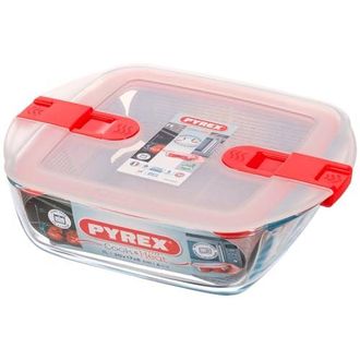 Pyrex Cook&Heat - Plat Carré en Verre avec Couvercle Hermétique Spécial Micro-Ondes - Boîte de Conservation - Cuisinez au Four, Conservez et Réchauffez, Tra