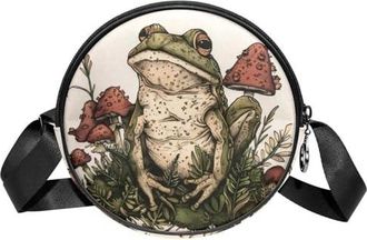 Generic Sac &agrave; bandouli&egrave;re rond pour femme, grenouille, champignons, plantes, petit sac &agrave; bandouli&egrave;re avec fermeture &eacute;clair, bretelles r&eacute;glables, sac &agrave; main ro