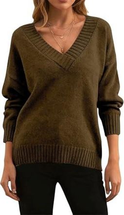 Generic Pull court à manches longues raglan double face et col en V pour femme, pull court dautomne uni décontracté en tricot, Camel foncé, 3XL