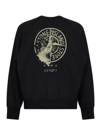 Stone Island Mens Crewneck Sweatshirt Compass Print Black Cotton Sweatshirts Sweater