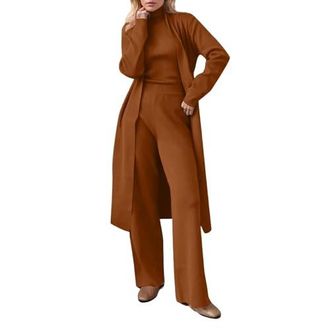 Generic Ensemble 3 pi&egrave;ces avec pantalon tricot&eacute; pour femme, avec cardigan &agrave; manches longues, d&eacute;bardeur &agrave; col roul&eacute; et pantalon large, caramel, Taille unique