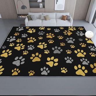 Generic Noir Or Tapis pour Salon 120 x 170 cm, Lavables avec Dos Antid&eacute;rapant, Tapis &agrave; Poils Courts Imprim&eacute; Dessin Anim&eacute; Mignon Empreintes De Pattes pour Cuis