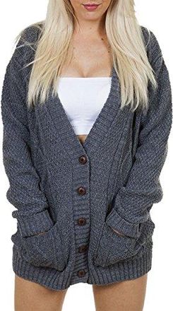 Purple Hanger Cardigan à manches longues et à boutons pour femme Maille épaisse torsadée irlandaise - Gris - Gris foncé - 44