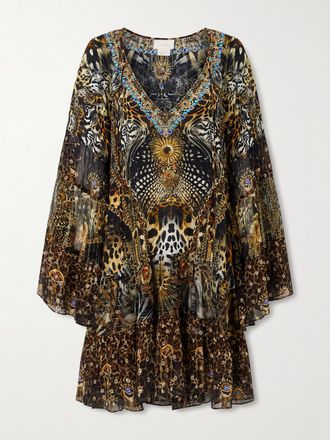 Camilla Minikleid Aus Cr&ecirc;pe De Chine Aus Seide Mit Animal-print Und Verzierungen - Braun