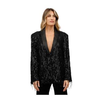 Meimeij Pailletten Fransenjacke mit Satinrevers - - Jackets - Damen - Schwarzk - XS