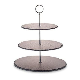 Echtwerk Etag&egrave;re/plateau de service pour p&acirc;tisseries, fruits, fromages et desserts en ardoise naturelle avec 3 niveaux et poign&eacute;e m&eacute;tallique, &eacute;dition argent, &Oslash;