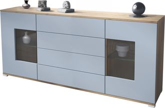 Vladon Sideboard Grömitz V2, Kommode mit 2 großen Türen und 4 Schubladen, Eiche Evoke/Denim matt (166,5 x 75,5 x 35)