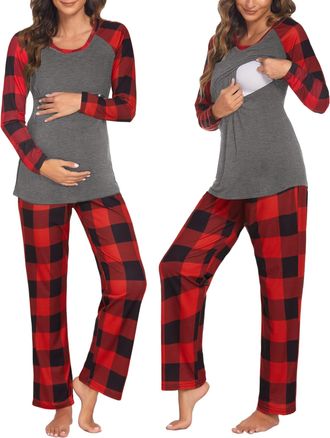 Ekouaer Stillpyjama Damen Still Schlafanzug Umstandsschlafanzug Langarm Wochenbett Hausanzug Schwangerschaft Winter Rot Kariert - grau XL