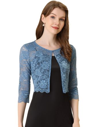 Allegra K Damen Brautjacke Bolero Festlich Kurz 3/4 &Auml;rmel Durchsichtig Blumen Spitze Shrug Crop Cardigan Spitzebolero Grau Blau XS