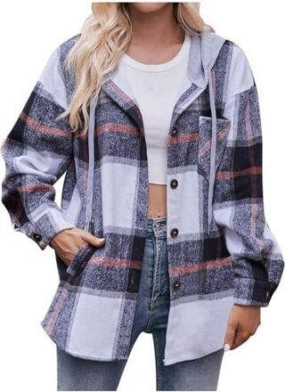 Generic Vestes pour femmes 2026 Veste &agrave; capuche en laine douce d&eacute;contract&eacute;e coupe ample &agrave; carreaux avec cordon de serrage pour lautomne boutonn&eacute; chemises &agrave; ma