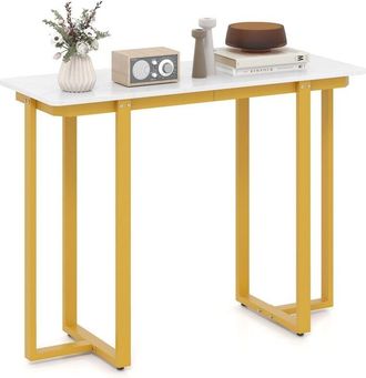 Costway Table Console dEntr&eacute;e Moderne en Imitation Marbre avec Structure G&eacute;om&eacute;trique en M&eacute;tal, Table dAppoint Etroite 107x40x79,5 cm, Blanc et Dor&eacute;