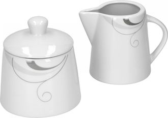 Van Well Portofino 2-TLG. Set Zuckerdose mit Deckel, &Oslash; 95 mm + Milchk&auml;nnchen, 220 ml, Rankendekor edles Marken-Porzellan