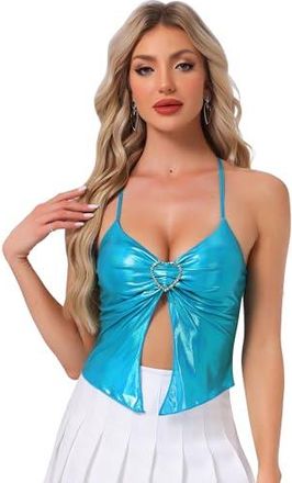 Allegra K D&eacute;bardeur M&eacute;tallique Femme Haut sans Manches Brillant &agrave; Bretelles Spaghetti Caraco Col Licou Clubwear Haut de Soir&eacute;e Costume dhalloween Bleu Ciel L