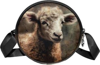 Generic Sac &agrave; bandouli&egrave;re rond pour femme, motif mouton vintage, petit sac &agrave; bandouli&egrave;re avec fermeture &eacute;clair, bretelles r&eacute;glables, sac &agrave; main rond d&eacute;contrac
