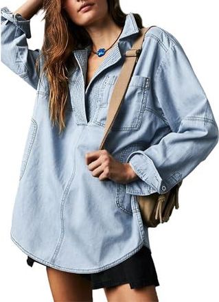 Generic Sweat à capuche en jean à col en V pour femme, coupe ample, manches longues avec poche, bleu clair, XXL