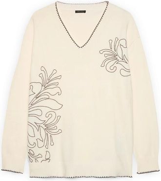 Fiorella Rubino Femme, Pulls, Blanc, Taille: 44 FR Pull avec broderie florale et col en V