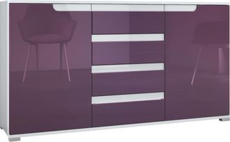Vladon Sideboard Sylt V1, Kommode mit 2 Türen und 4 Schubladen, Korpus - Weiß matt/Front - Brombeer Hochglanz/Absetzung - Weiß Hochglanz (138,5 x 75,5 x 35 c