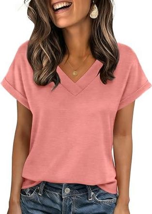 Zeagoo T-shirt pour femme - Col en V - Manches courtes - &Eacute;l&eacute;gant - D&eacute;contract&eacute; - Couleur unie - Tailles S &agrave; 2XL, Orange/rose., XL