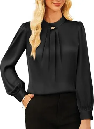 Grace Karin Chemisier en satin pour femme avec col plastron pliss&eacute; &eacute;l&eacute;gant - Hauts d&eacute;contract&eacute;s pour le travail, Noir, S