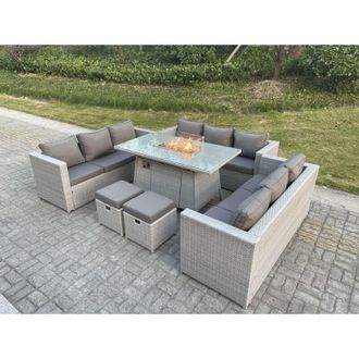 Fimous 11-Sitzer Polyrattan Gartenm&ouml;bel Set im Freien Gas Feuertisch Sofa Sets mit 2 Kleiner Hocker Helles Grau - Fimous