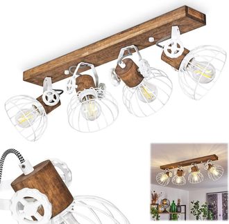 HOFSTEIN Deckenleuchte Orny, Deckenlampe im Vintage-Design aus Holz/Metall in Braun/Weiß m. Schirmen in Gitter-Optik, Leuchte m. Holzbalken, Textilkabeln u. ve