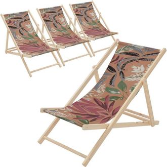 ECD Germany ECD Germany Lot de 4 Chaises Longues Pliantes en Bois Chiliennes, Motif Floral, Marron-Rouge-Vert, Dossier R&eacute;glable, 3 Positions de Couchage, jusqu&agrave;