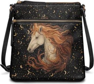 Coloranimal Sac &agrave; bandouli&egrave;re pour femme - Sac &agrave; bandouli&egrave;re &agrave; fermeture &eacute;clair - Sac &agrave; bandouli&egrave;re l&eacute;ger en cuir synth&eacute;tique, Cheval de lune vintage